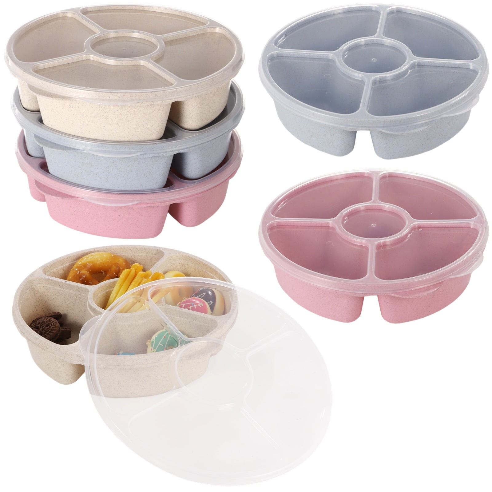 6Pcs Divided Serving Trays, Plastic Snack Trays with Lids, Round 5 ...