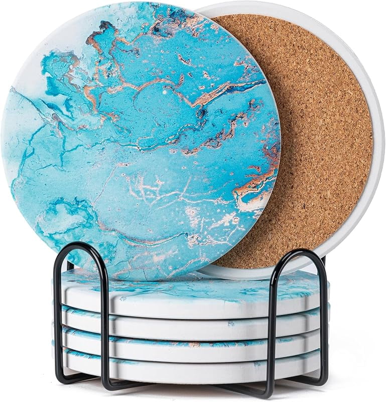 6Pcs Drink Coasters with Holder, Marble Style Ceramic Drink Coaster ...