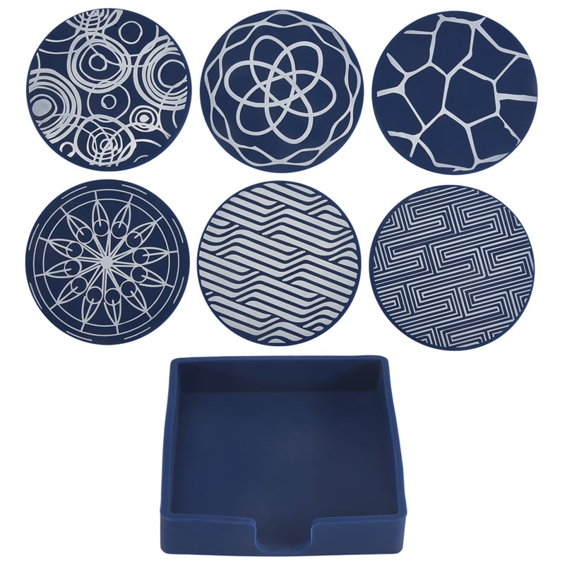 6Pcs Drink Coasters,Round Silicone Rubber Cup Pad with Storage Box ...