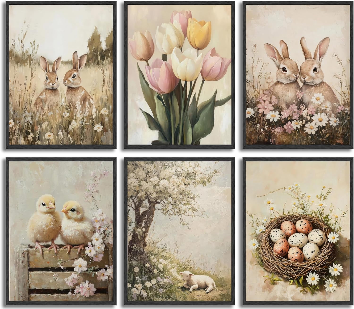 6Pcs Easter Bunny Wall Art Modern Farmhouse Eggs Tulip Paintings ...