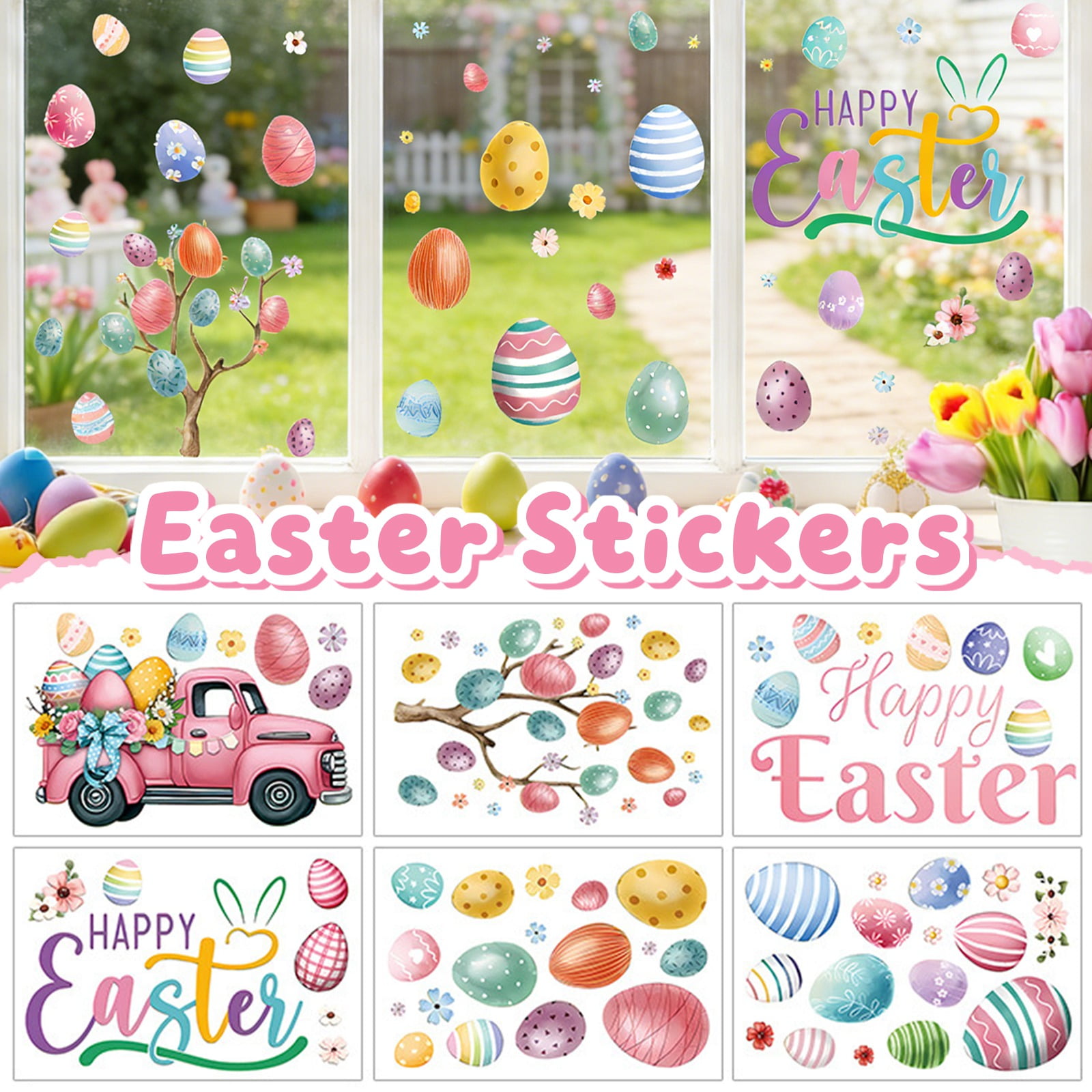6Pcs Easter Wall Decor, 8.3 x 10.6 Inch Stickers Happy Easter Egg ...
