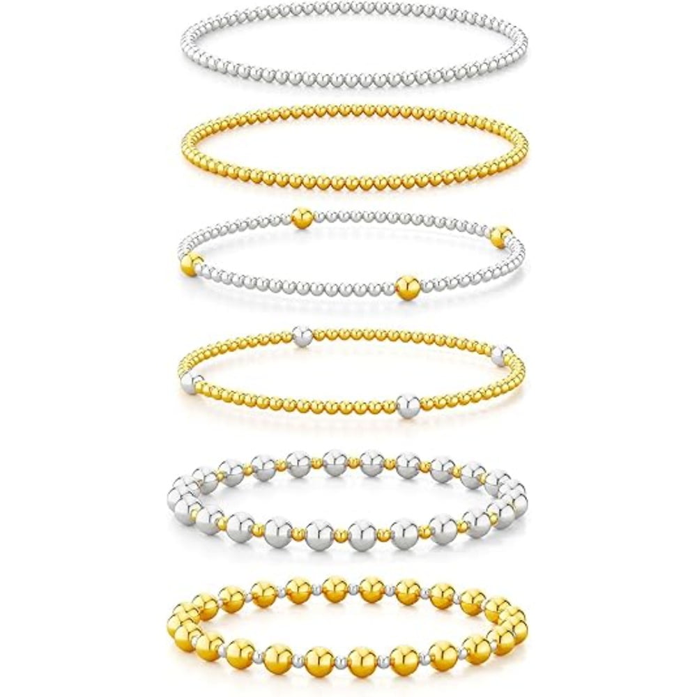 6Pcs Elastic Beaded Bracelets Set - Triple Sizes(2/4/6MM) & 14K Gold ...