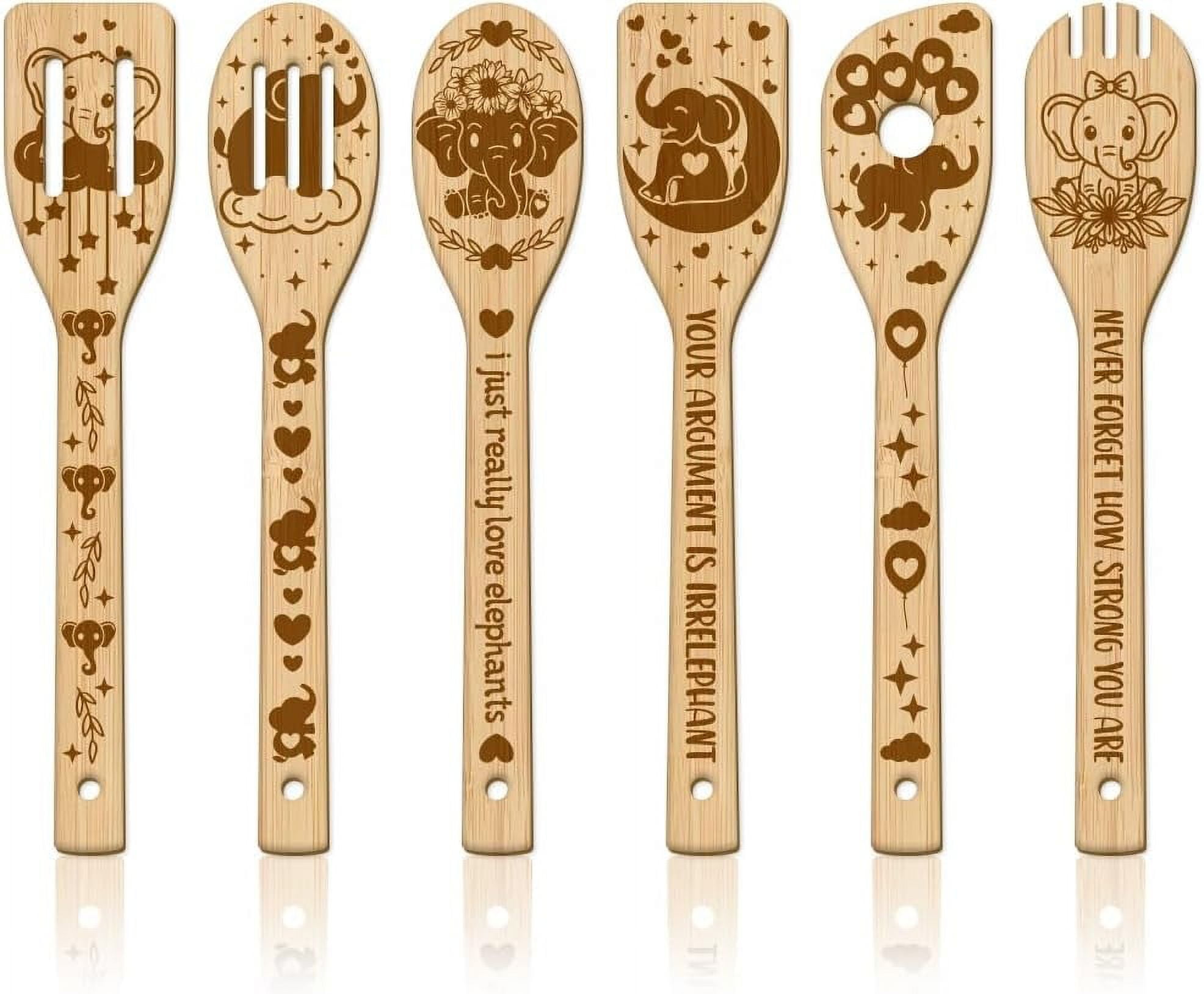 6Pcs Elephant Bamboo Cooking Utensils Wooden Engraved Cooking Spoons ...