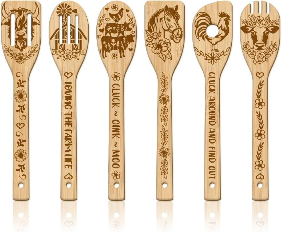 6Pcs Farm Animal Bamboo Cooking Utensils Wooden Engraved Cooking Spoons ...