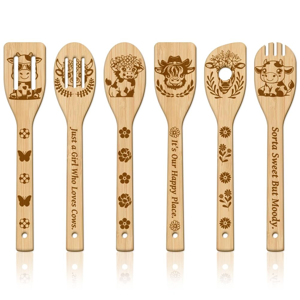 6Pcs Farm Cow Wooden Spoons Utensil Set Bamboo Carving Kitchen Cooking ...