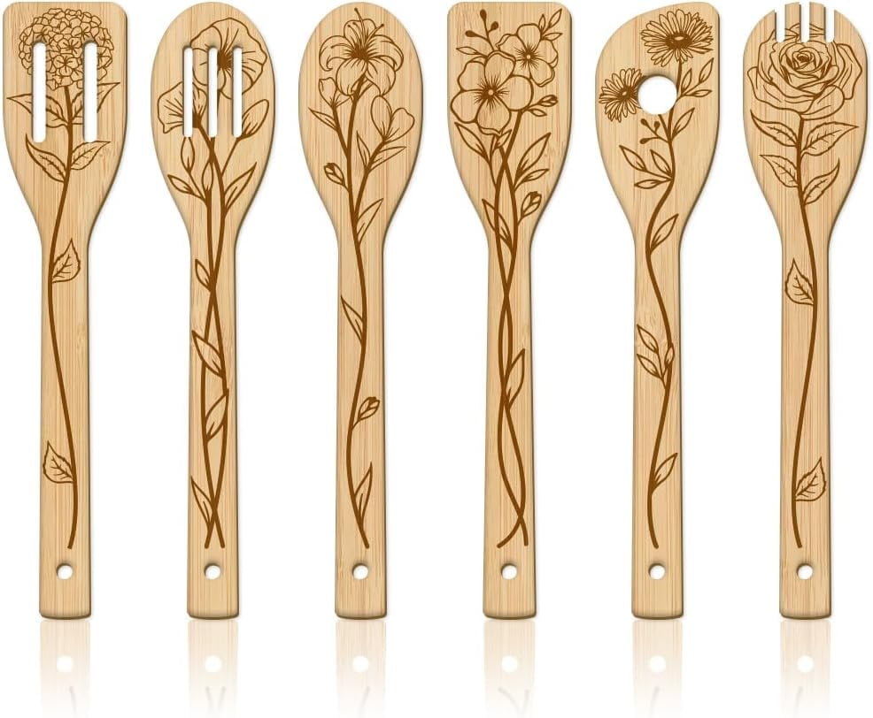 6Pcs Floral Bamboo Cooking Utensils Wooden Engraved Cooking Spoons Set ...