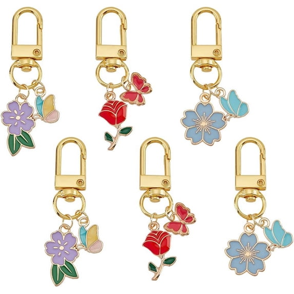 6Pcs Flower Bag Charms 3 Styles Enameled Butterfly Snap Keychain ...