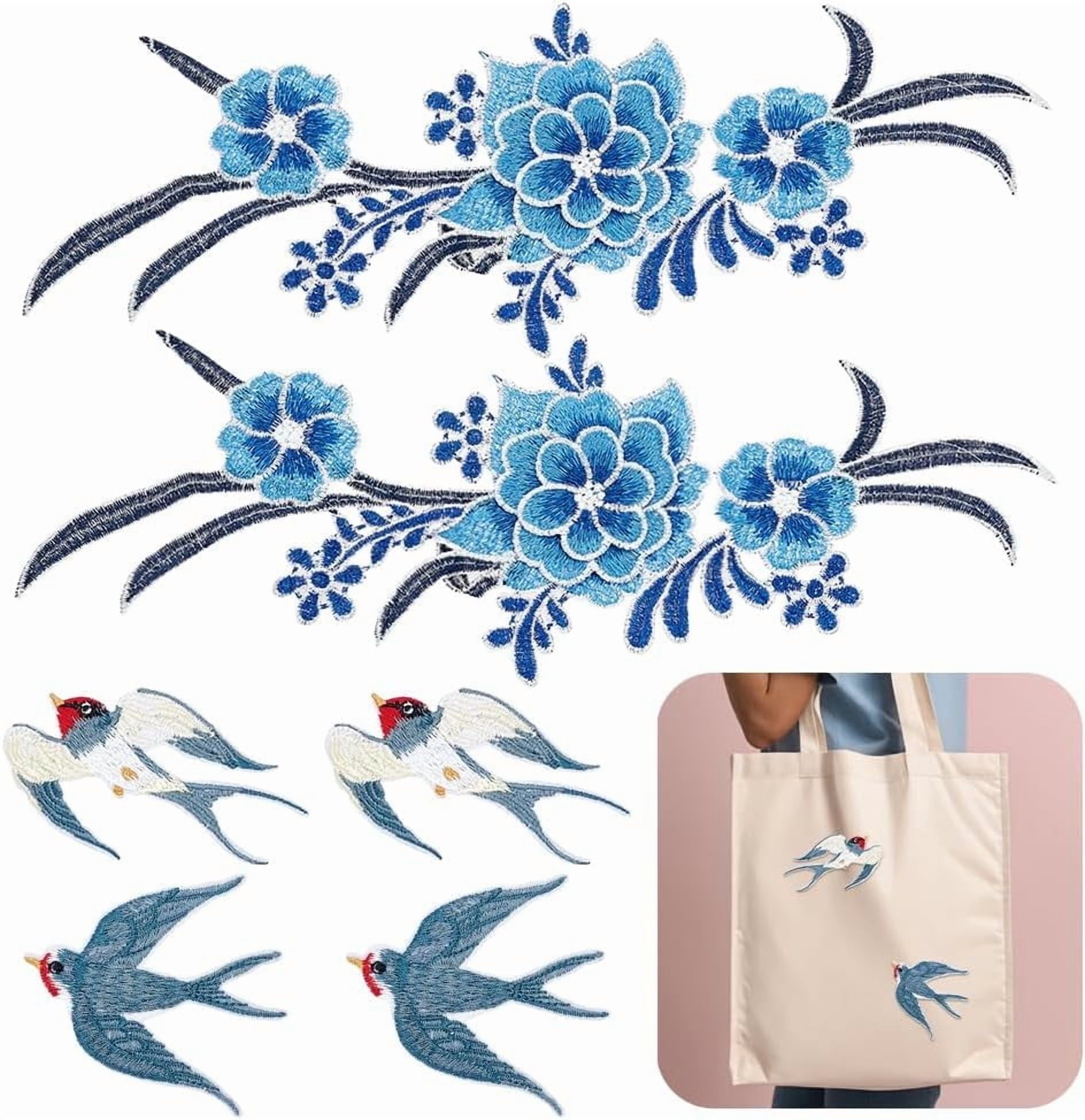 6Pcs Flying Swallow Flower Applique 4 Types Embroidered Birds Patches ...