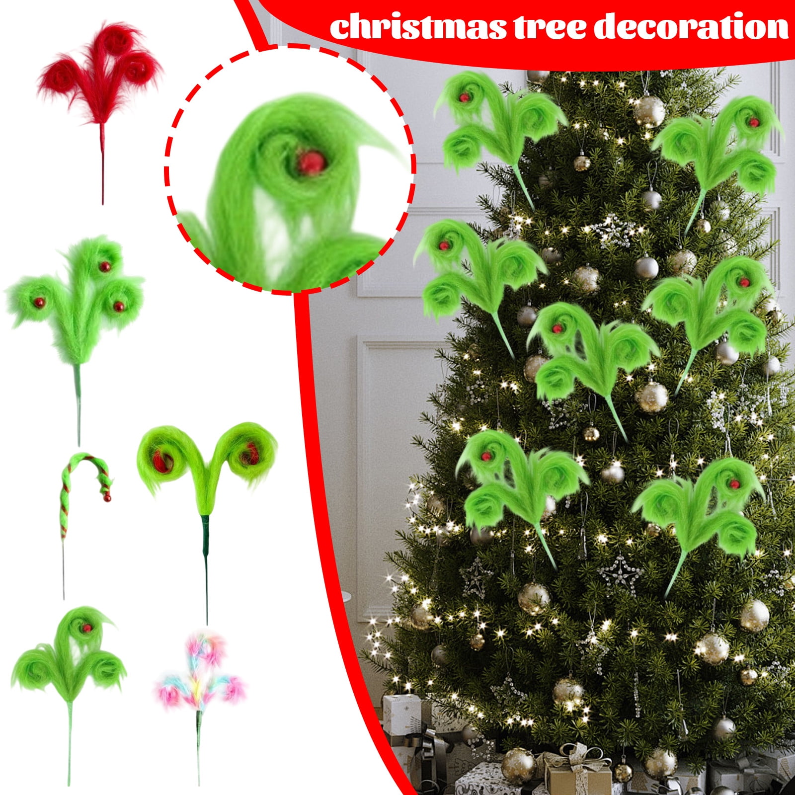 6Pcs Furry Christmas Tree Picks, 16.9Inch Furry Spiral Curly Sprays ...
