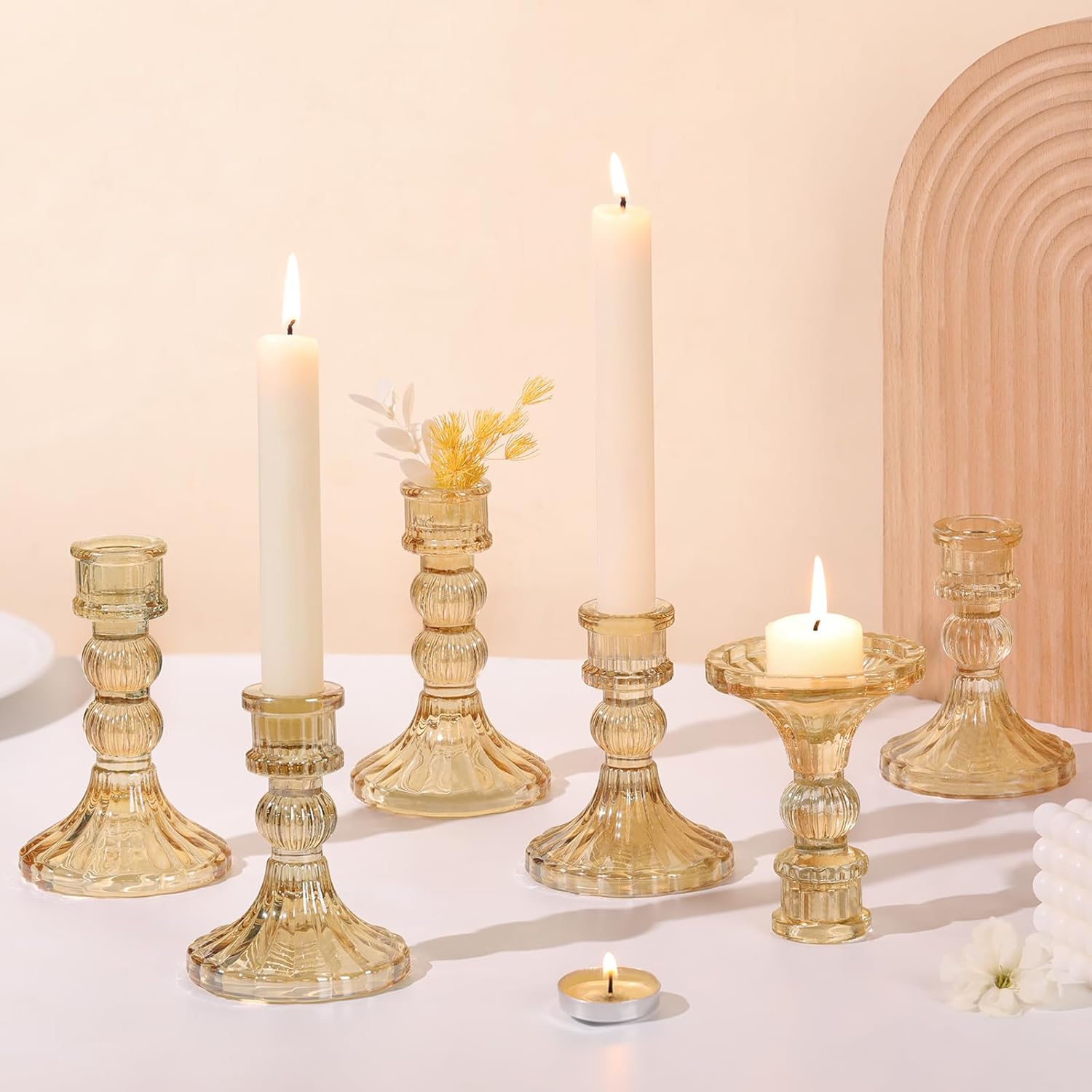 6Pcs Gold Candlestick Holders Set - 4" H & 5" H Striped Taper Candle ...
