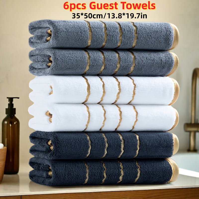 6Pcs Golden Striped Coral Absorbent Guest Towels with Hanging Rope ...