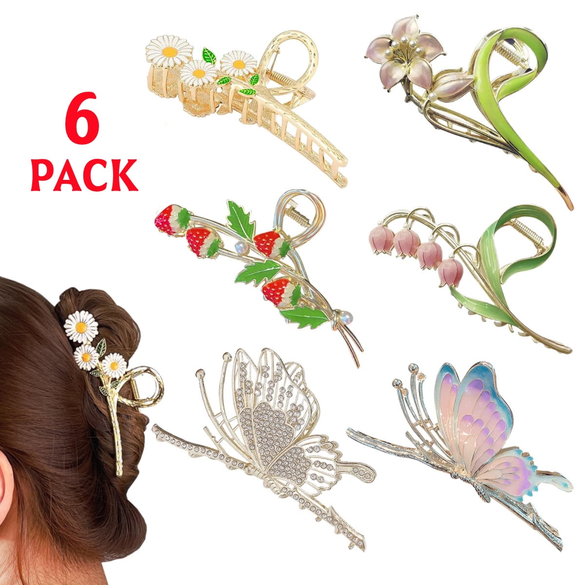 6Pcs Hair Clips for Women Large Non-Slip Strong Metal Butterfly Flower ...