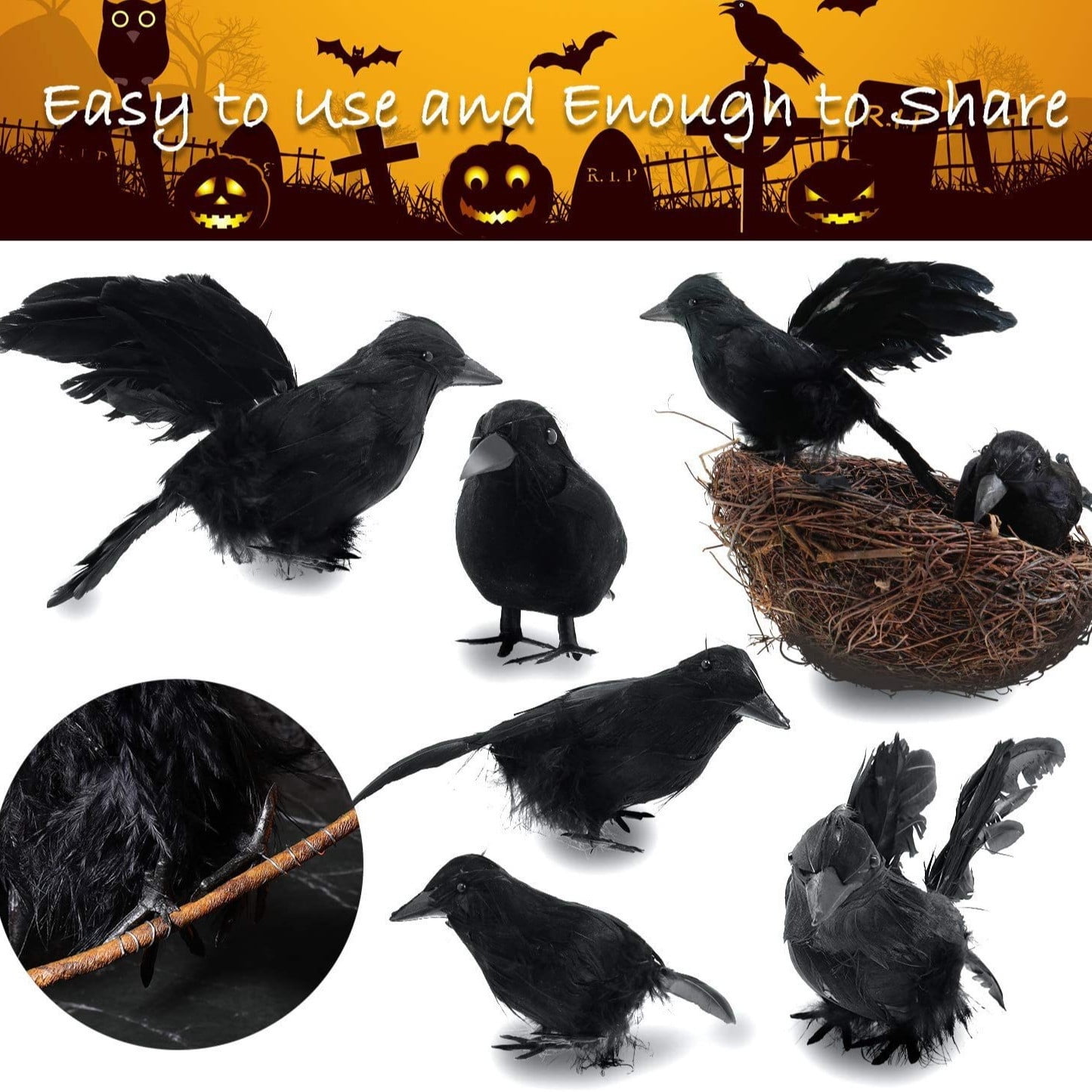 6Pcs Halloween Black Crows with Bird Nest,Feathered Crows Realistic ...