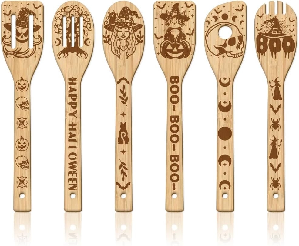 6Pcs Halloween Witch Bamboo Cooking Utensils Wooden Engraved Cooking ...