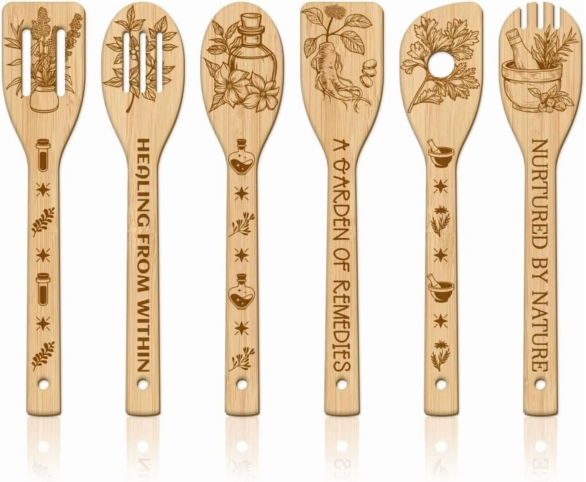 6Pcs Herbal Wooden Spoons Utensil Set Refining Bamboo Carving Kitchen ...