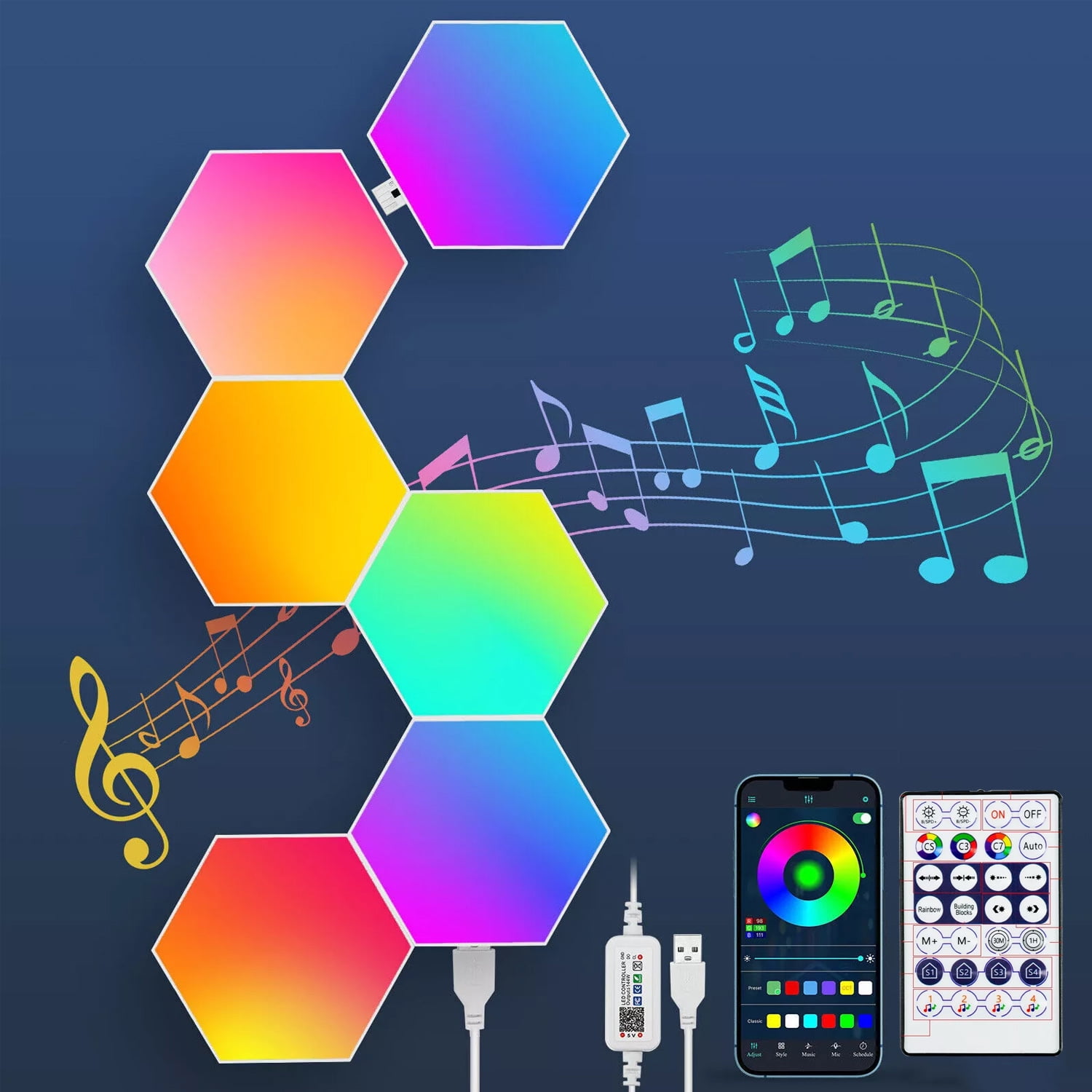 6Pcs Hexagon LED Wall Lamp APP Remote Control Honeycomb Home Decor ...