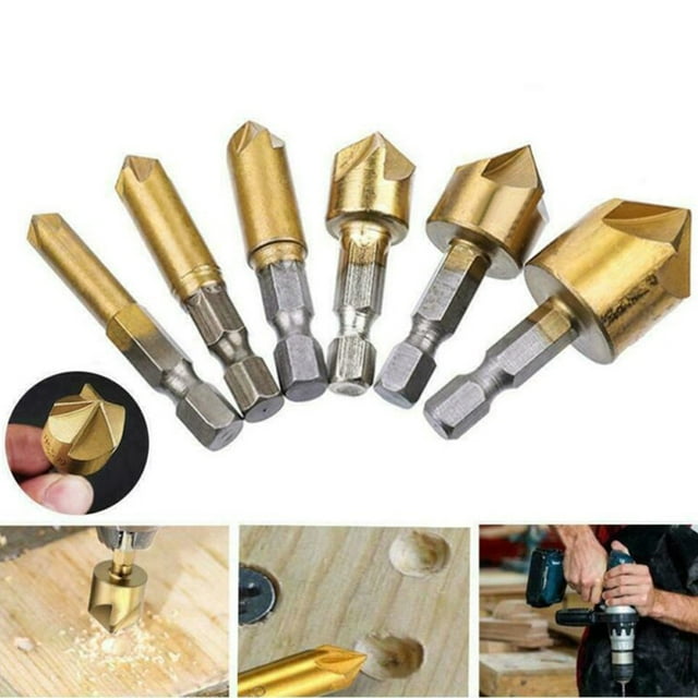 6pcs HSS Countersink Drill Bit Set Hex Shank 5 Flute Chamfering Cutter ...