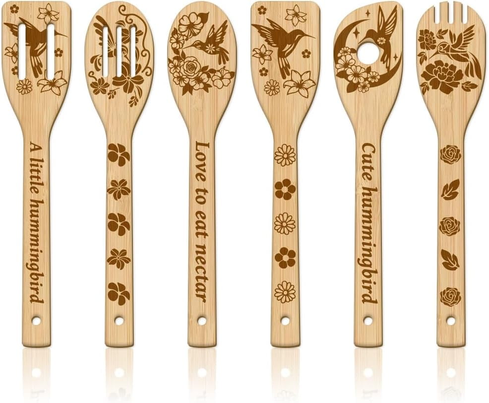 6Pcs Hummingbird Wooden Spoons Utensil Set Flower Animal Bamboo Carving ...