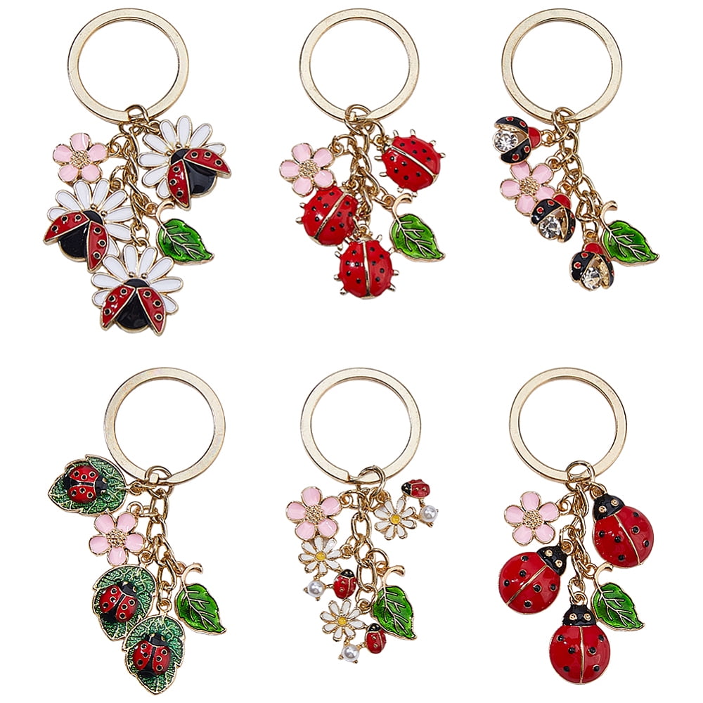 6Pcs Ladybug Alloy Enamel Keychains with Iron Rings Mixed Color 69-77mm ...