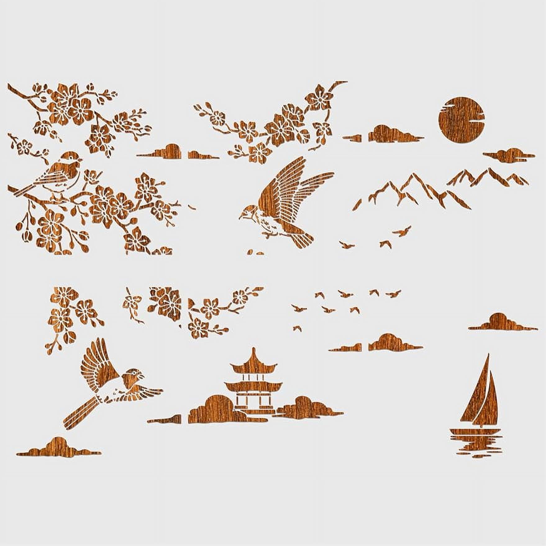 6Pcs Landscape Bird Cherry Stencils Mixed Pattern Landscape Stencils ...