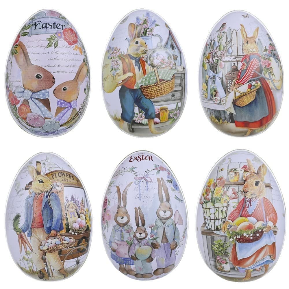 6Pcs Large Assorted Metallic Tin Easter Egg Container Painted Bunny ...