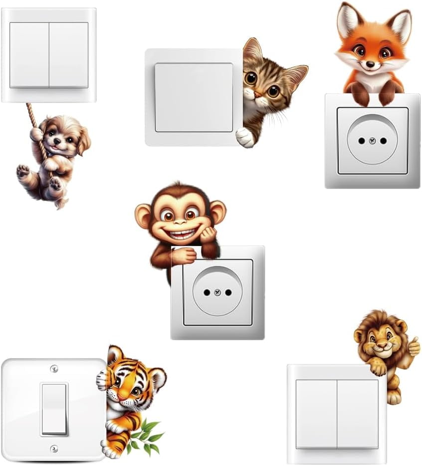 6Pcs Light Switch Plate Stickers Cartoon Animals Fox Cat Dog Tiger Lion ...