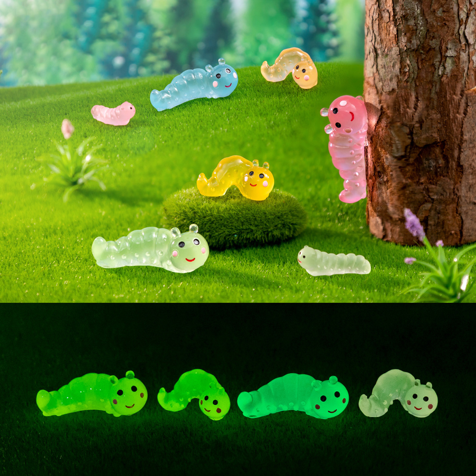6Pcs Luminous Resin Mini Caterpillar Figurines Micro Landscape Car ...