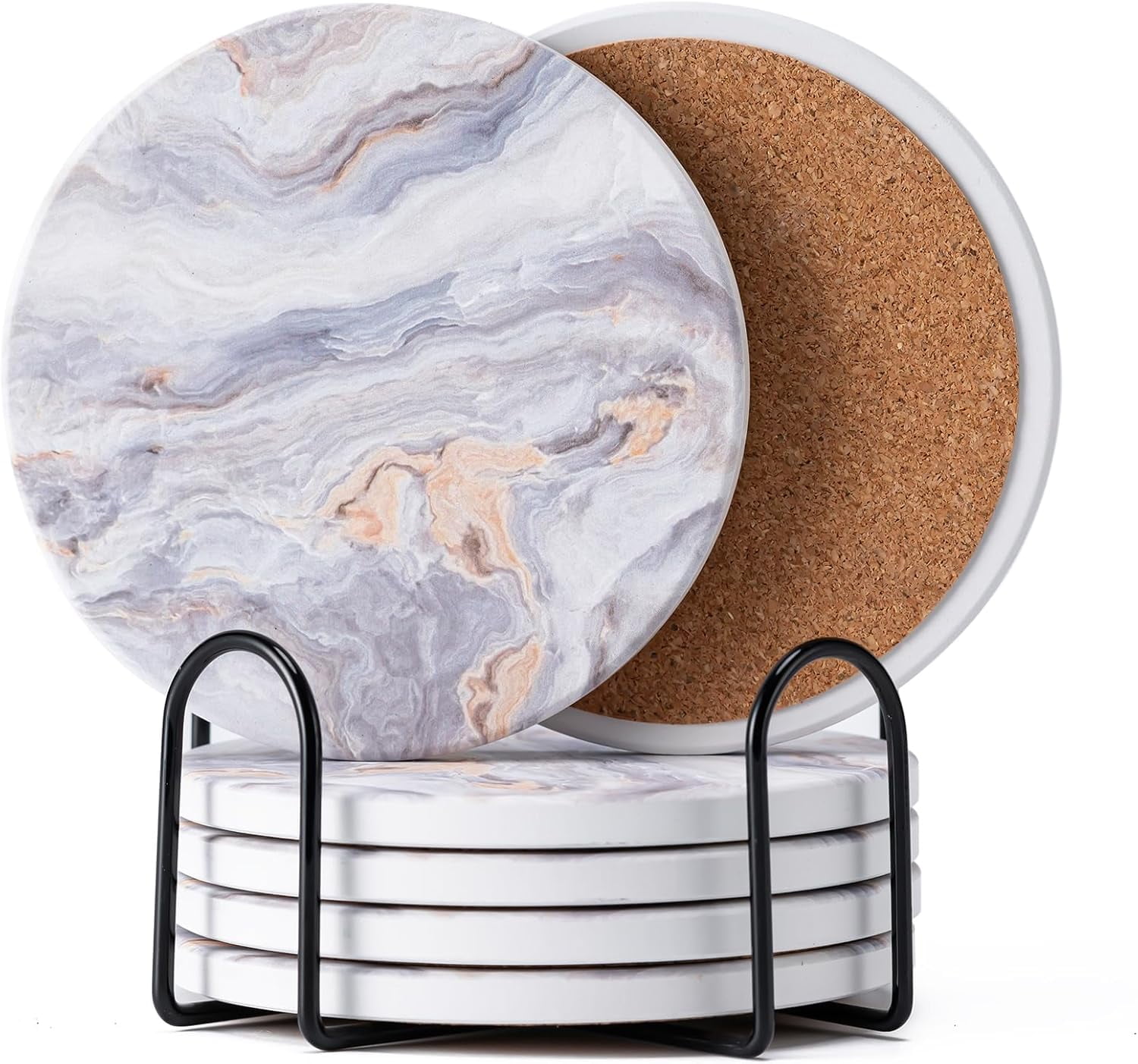 6Pcs Marble Style Ceramic Drink Coasters with Holder, Absorbent Coffee ...