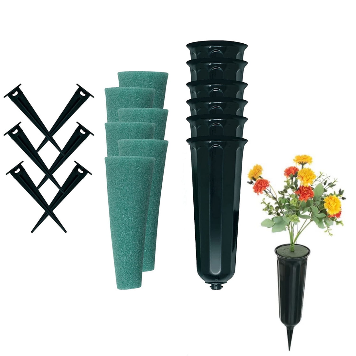 6Pcs Memorial Floral Vases,9.8x2.9In Green Cemetery Vases with Foam ...