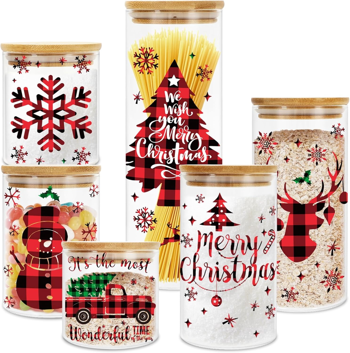 6Pcs Merry Christmas Glass Storage Jars with Airtight Lid Red Black ...