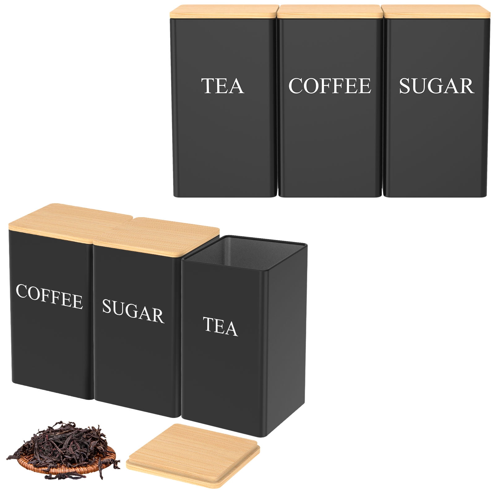 6Pcs Metal Square Kitchen Canister With Bamboo Lid Space Saving Kitchen ...