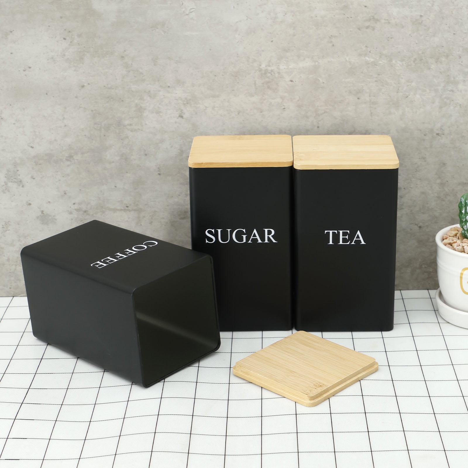 6Pcs Metal Square Kitchen Canister With Bamboo Lid Space Saving Kitchen ...