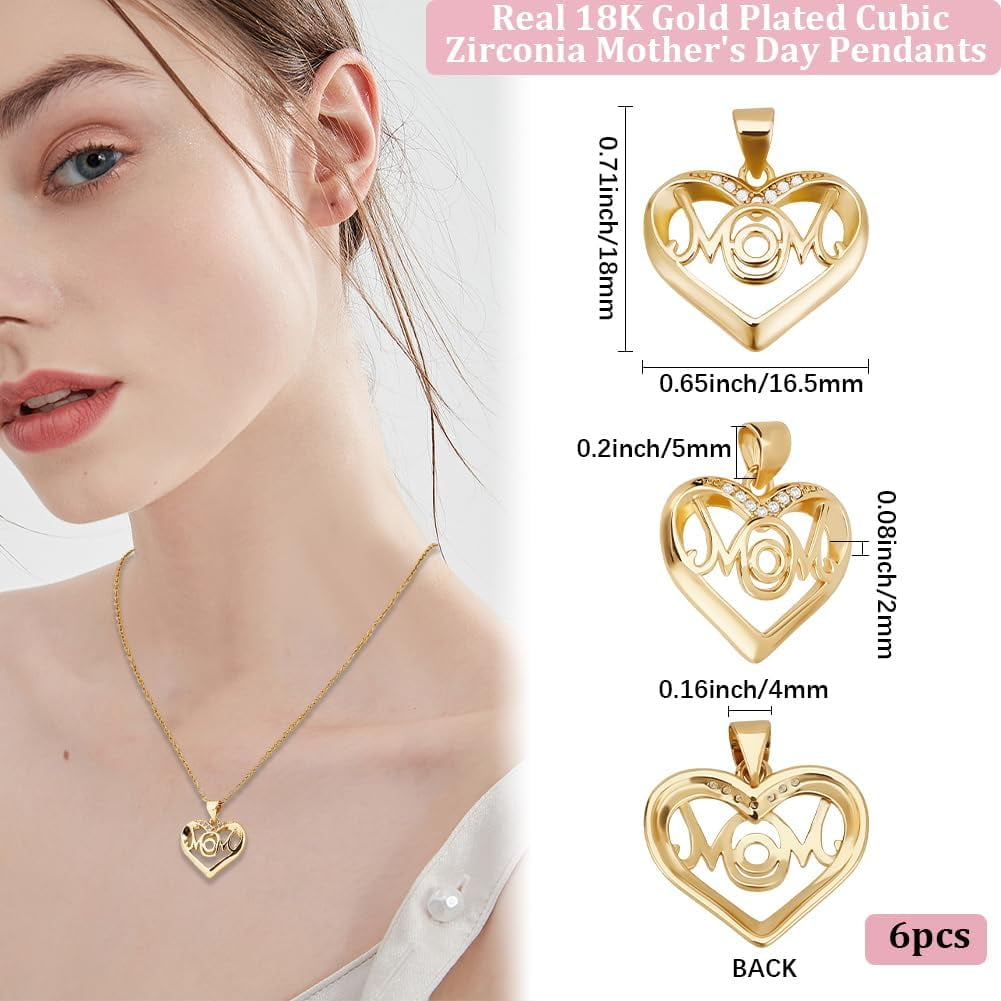 6Pcs Mom Charms for Jewelry Making 18K Gold Plated Cubic Zirconia Heart Mother's Day Charms with ...