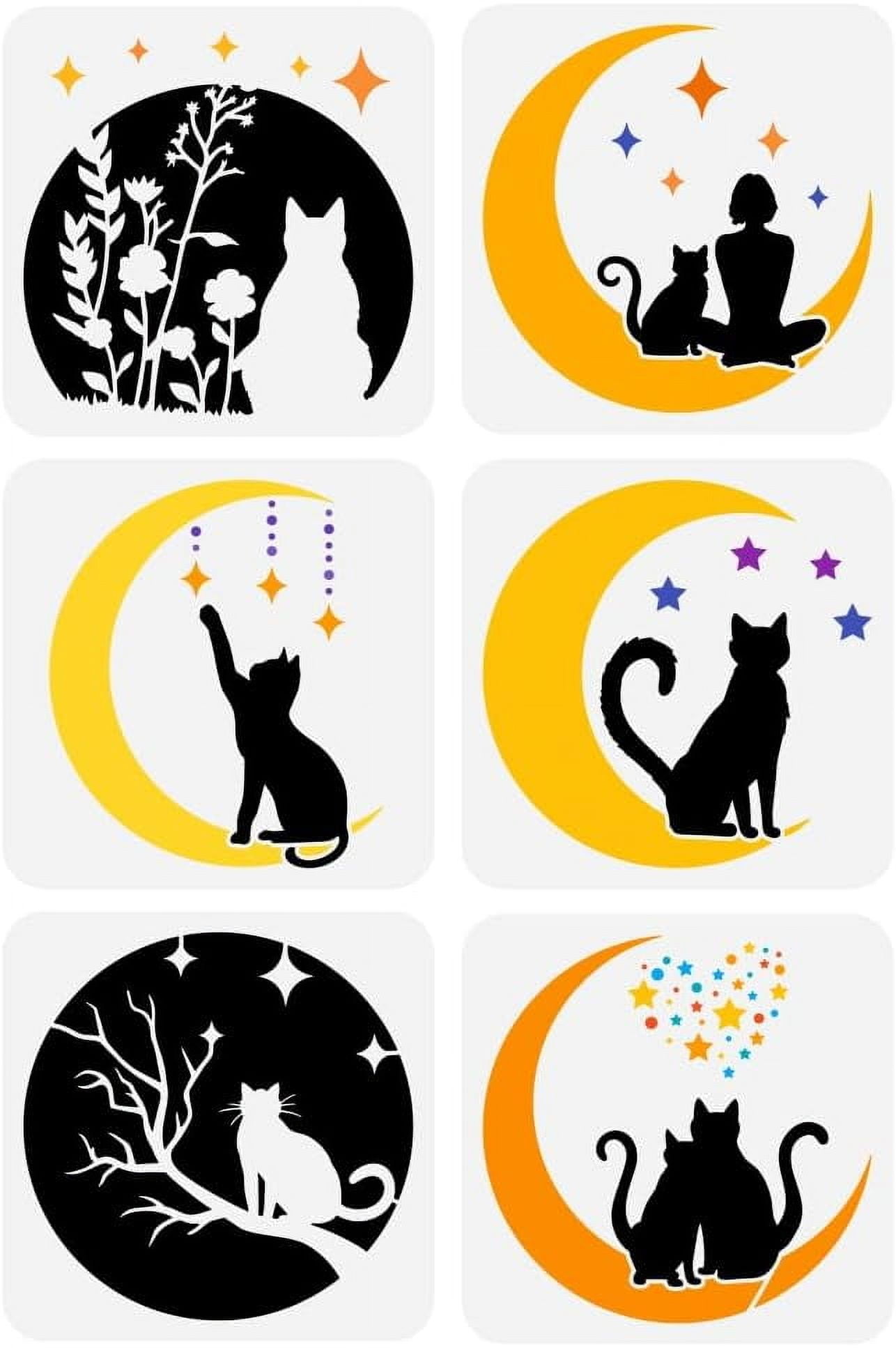 6Pcs Moon Cat Painting Stencil 7.8x7.8inch Reusable Cat Silhouette ...