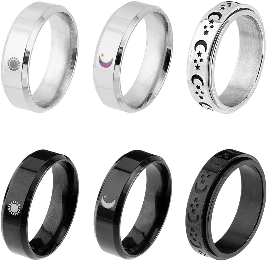 6Pcs Moon and Star Rings Sun Promise Rings 304 Stainless Steel Dark ...
