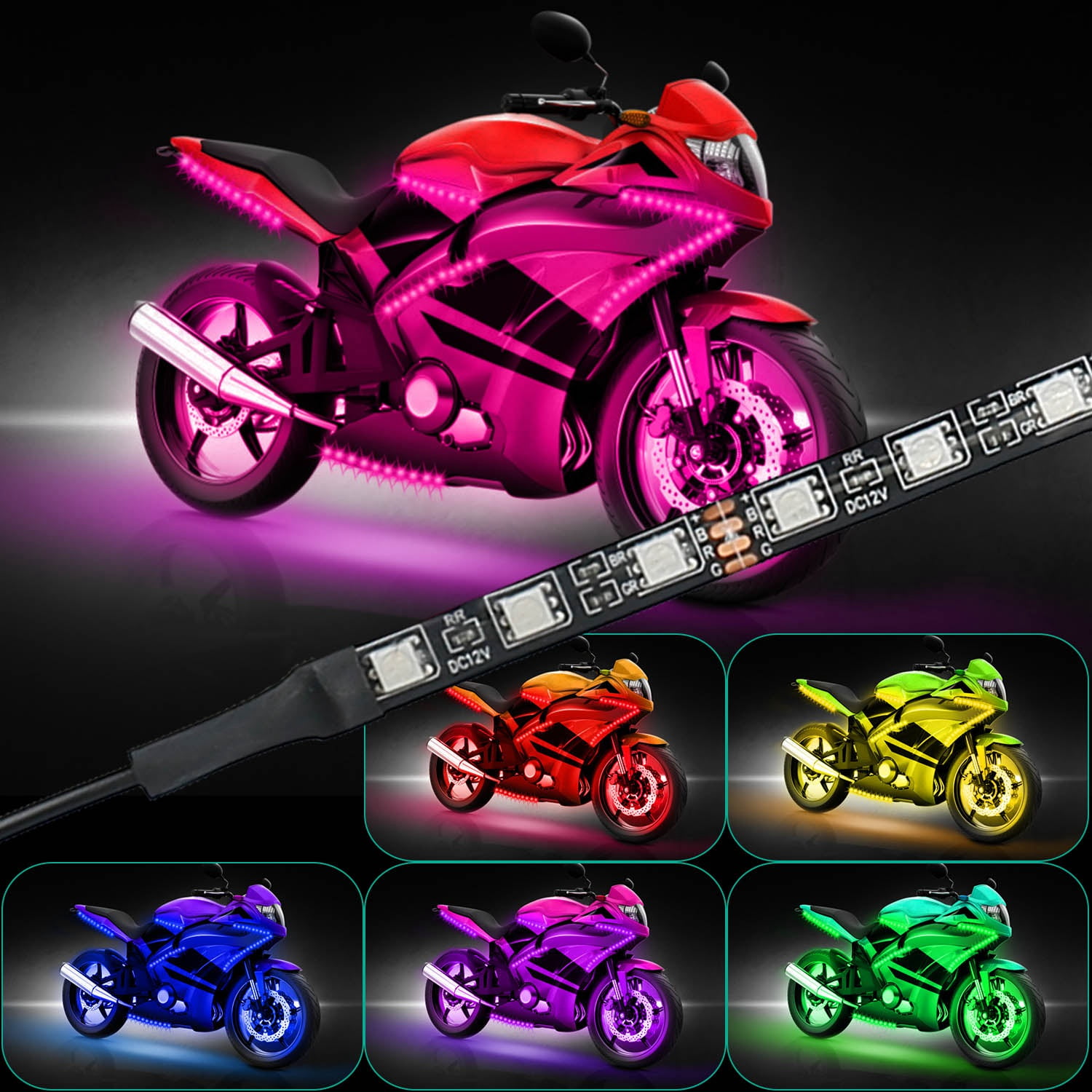 6Pcs Motorcycle RGB LED Light Kit TeqHome IP67 Waterproof Multi-Color ...