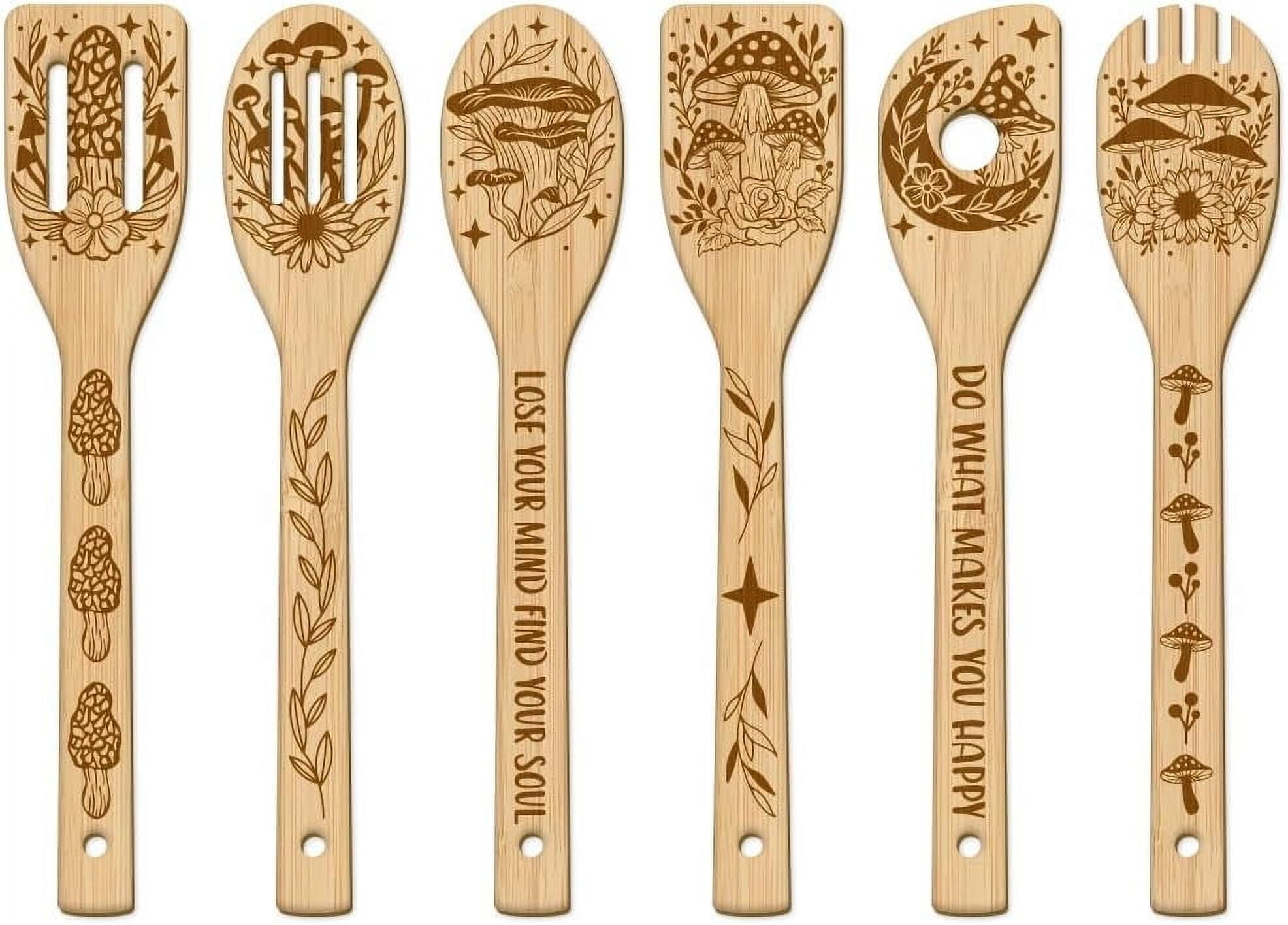 6Pcs Mushroom Bamboo Cooking Utensils Wooden Engraved Cooking Spoons ...
