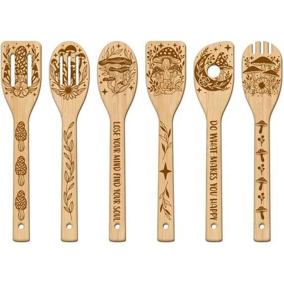 6Pcs Mushroom Bamboo Cooking Utensils Wooden Engraved Cooking Spoons ...