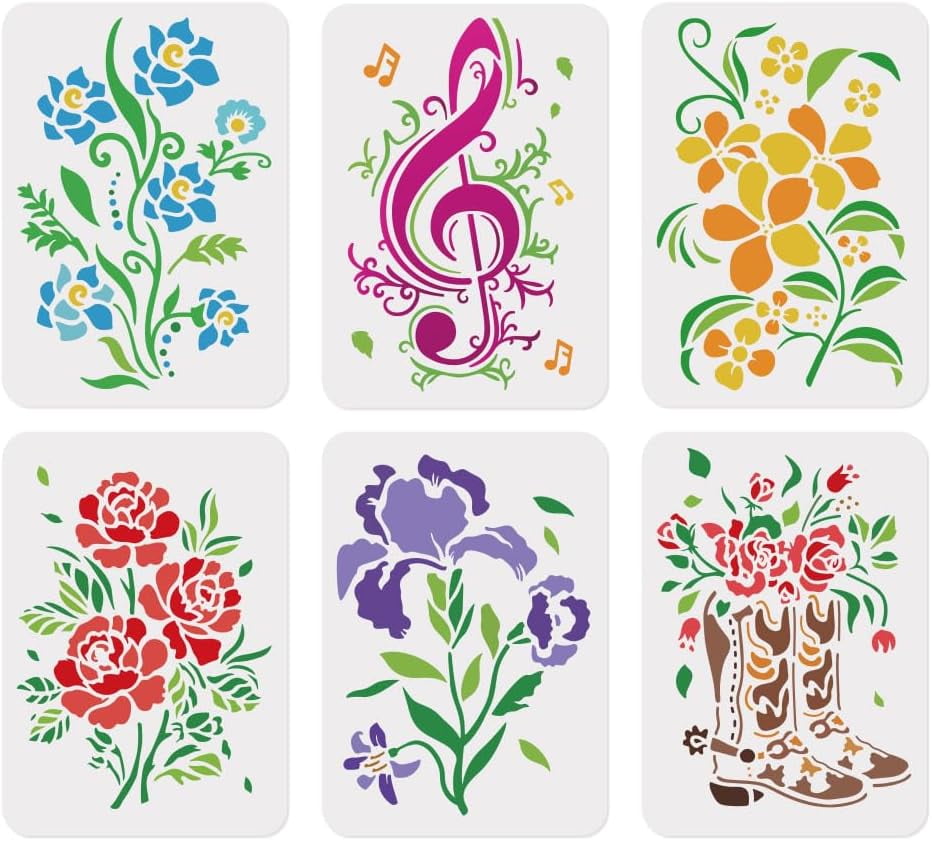 6Pcs Music Notes Flower Wall Stencil Templates 11.7 x 8.3 Inch Reusable ...