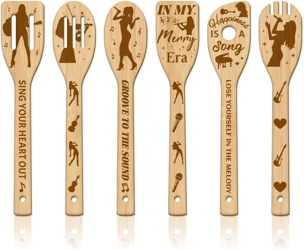 6Pcs Music Woman Bamboo Cooking Utensils Wooden Engraved Cooking Spoons ...