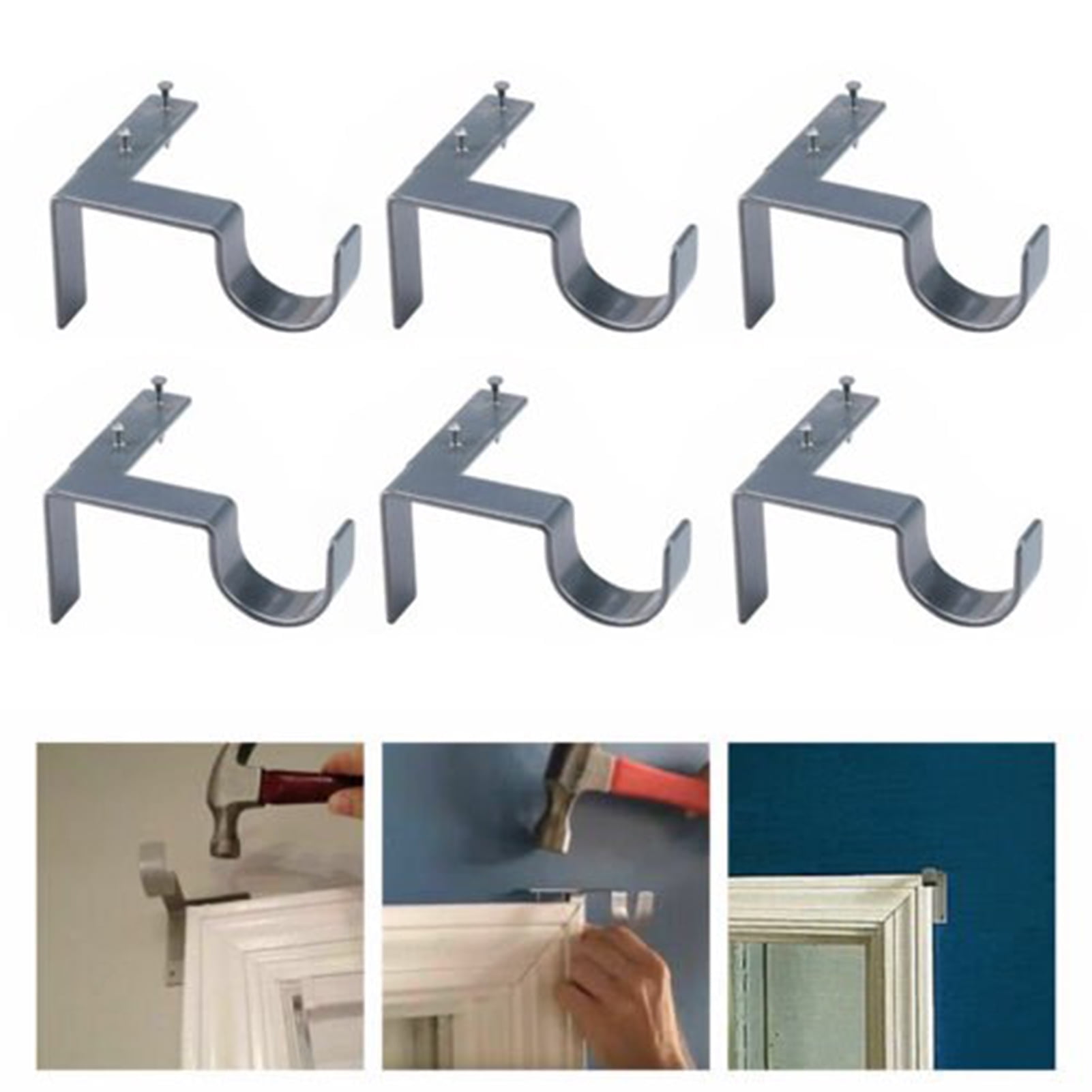 HOZHANI 6Pcs No-Drill Curtain Rod Brackets, Silver, Heavy-Duty Zinc ...