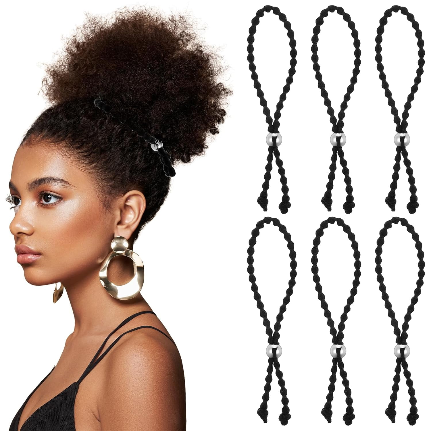 6Pcs No-Slip Hair Ties for Natural Curly, Adjustable Afro Puff Cuff ...