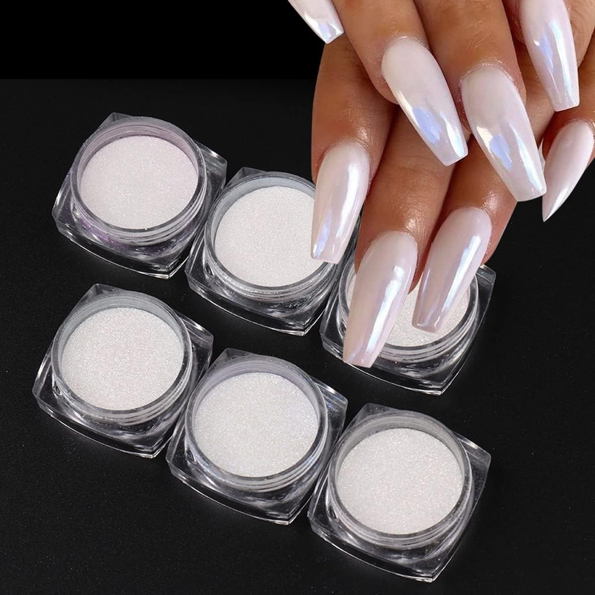 6Pcs Pearl Nail Powder Set with Brush Aurora Chrome Powder Shimmer ...