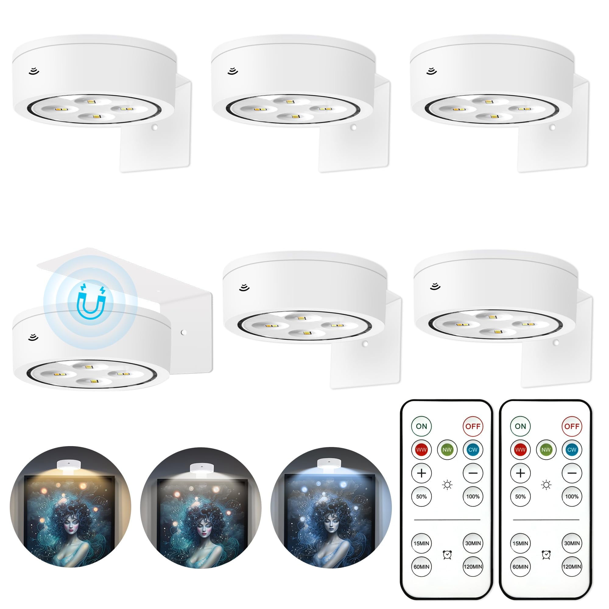 6Pcs Picture Light Battery Operated, Magnetic Led Painting Light with ...