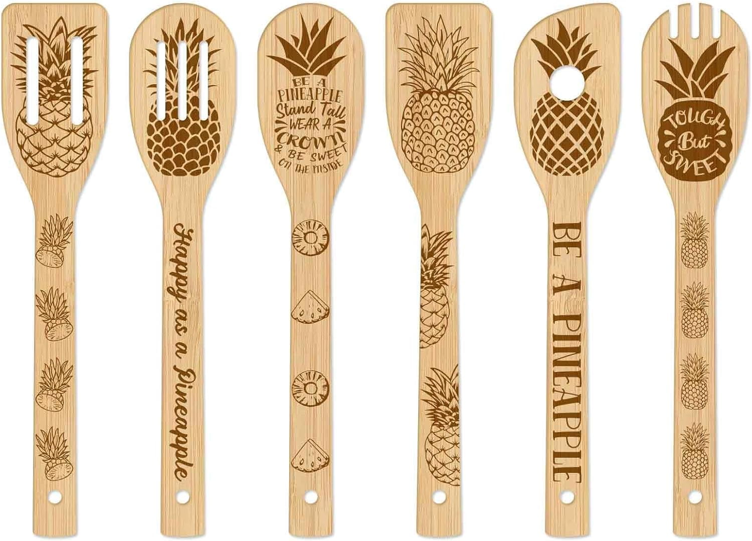 6Pcs Pineapple Bamboo Cooking Utensils Wooden Engraved Cooking Spoons ...