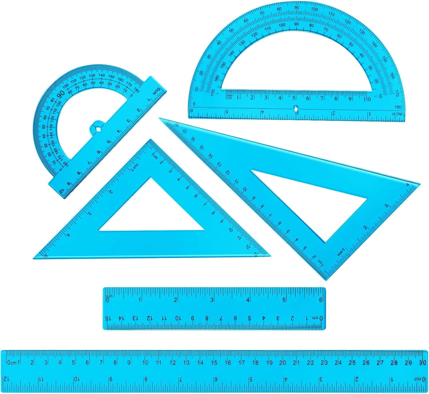 6Pcs Plastic Ruler Math Set Includes 12 Inch 6 Inch Straight Protractor ...