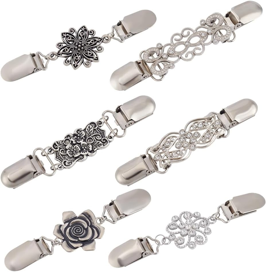 6Pcs Retro Cinch Clips 6 Styles Alloy Rhinestone Cardigan Clips Flower ...