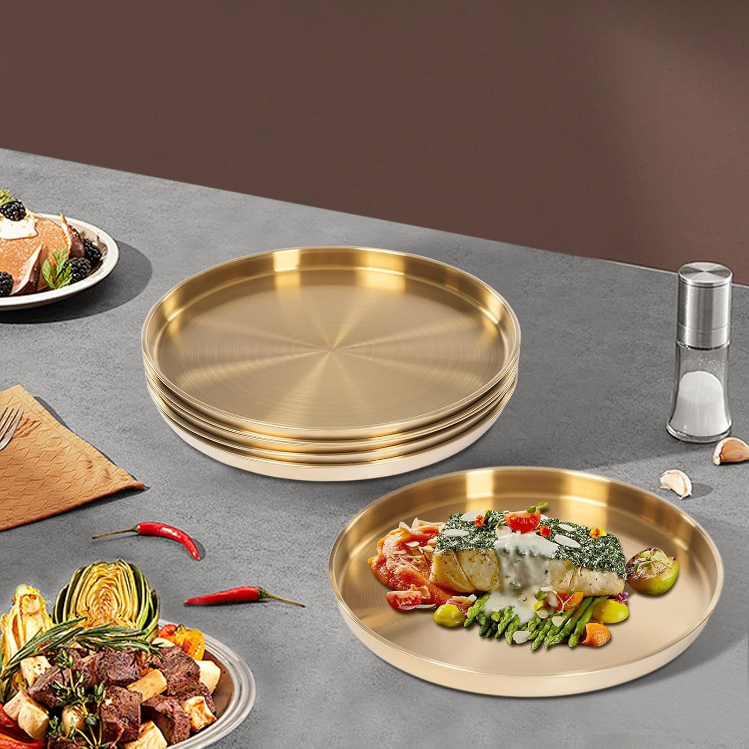 6Pcs Round Serving Trays, Stainless Steel Table Tray with Raised Edge ...
