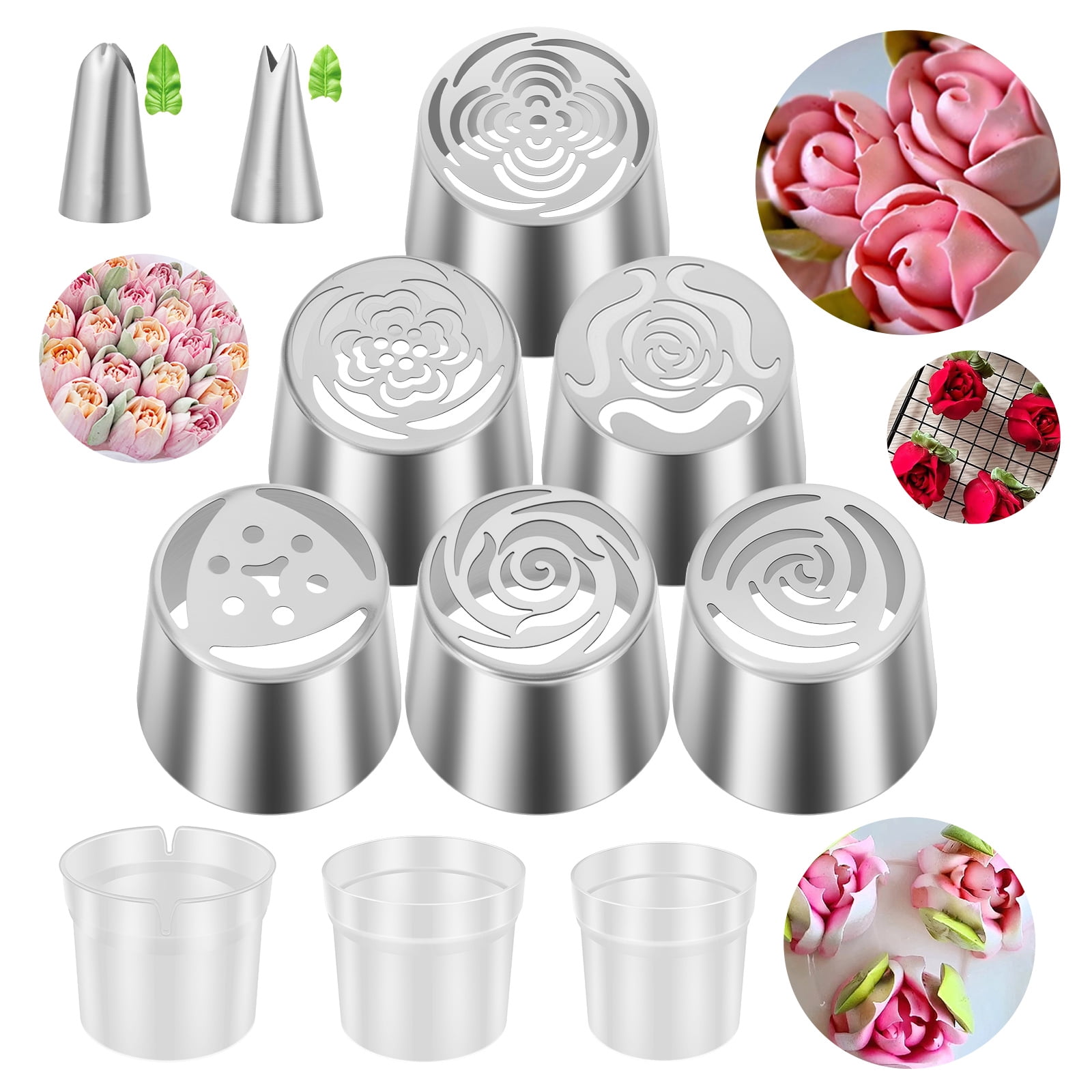 6Pcs Russian Flower Piping Tips with 2 Leaf Tips Stainless Steel Icing ...