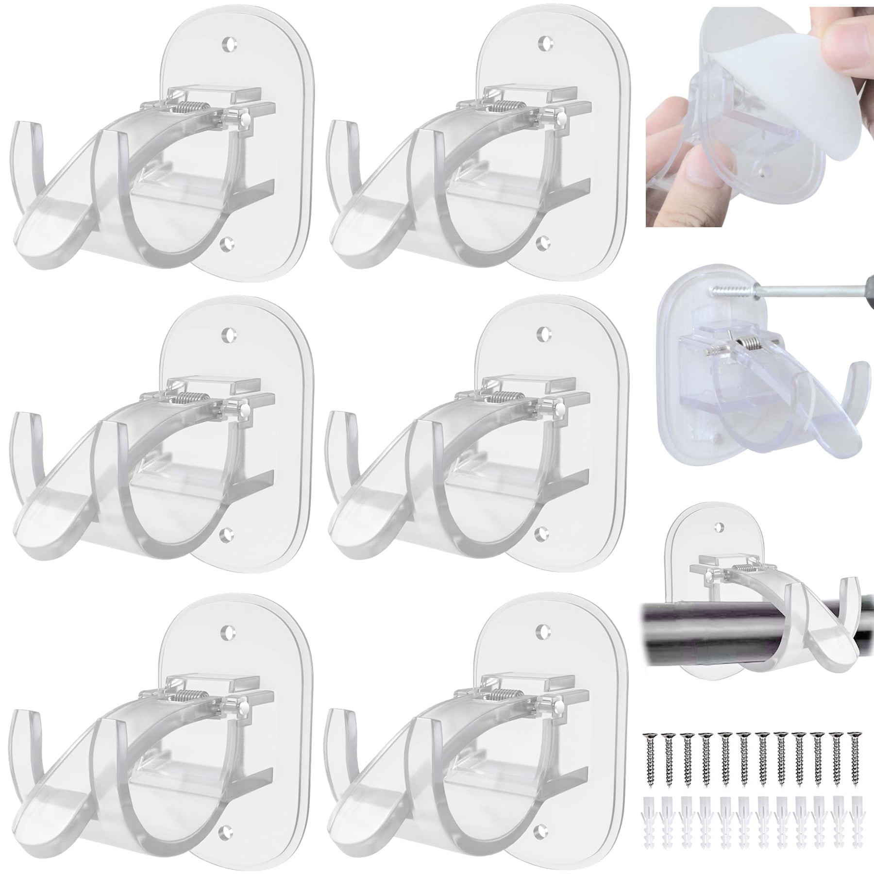 6Pcs Self Adhesive Curtain Rod Holders,No Drill Curtain Brackets,Easy ...